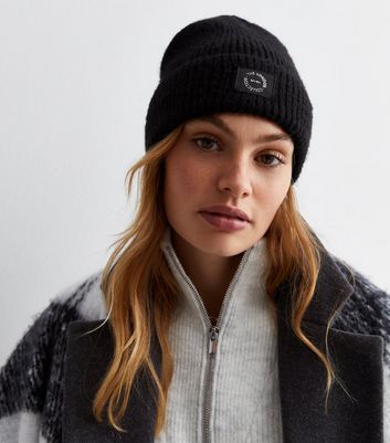 Black Ribbed Knit Tab Front Beanie | New Look
