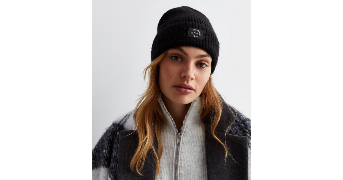 Black Ribbed Knit Tab Front Beanie | New Look