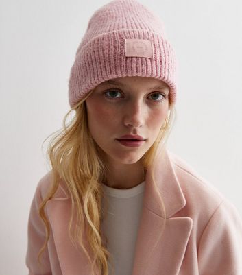 Pink Ribbed Knit Tab Front Beanie | New Look