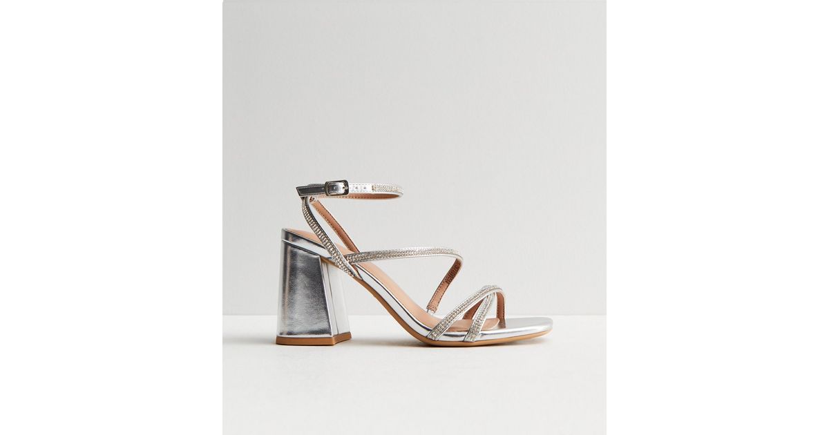 Silver Diamanté Strappy Block Heel Sandals | New Look
