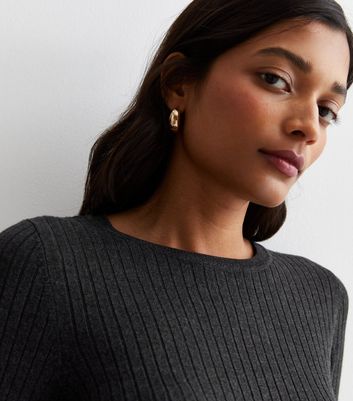 Dark Grey Ribbed Knit Long Sleeve Top | New Look