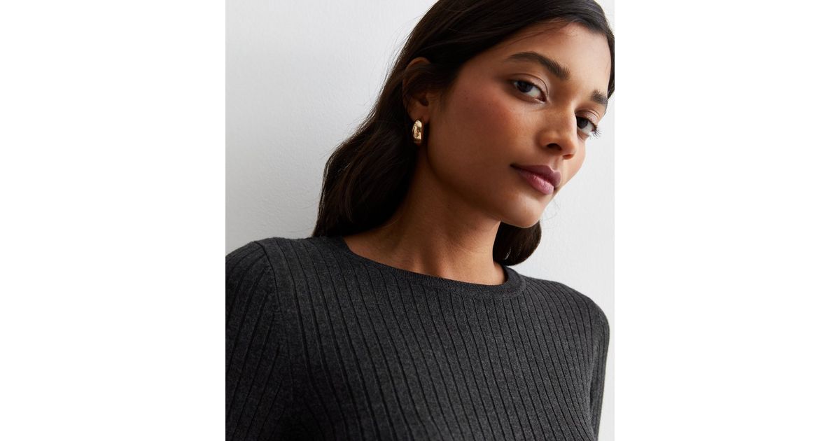 Dark Grey Ribbed Knit Long Sleeve Top | New Look