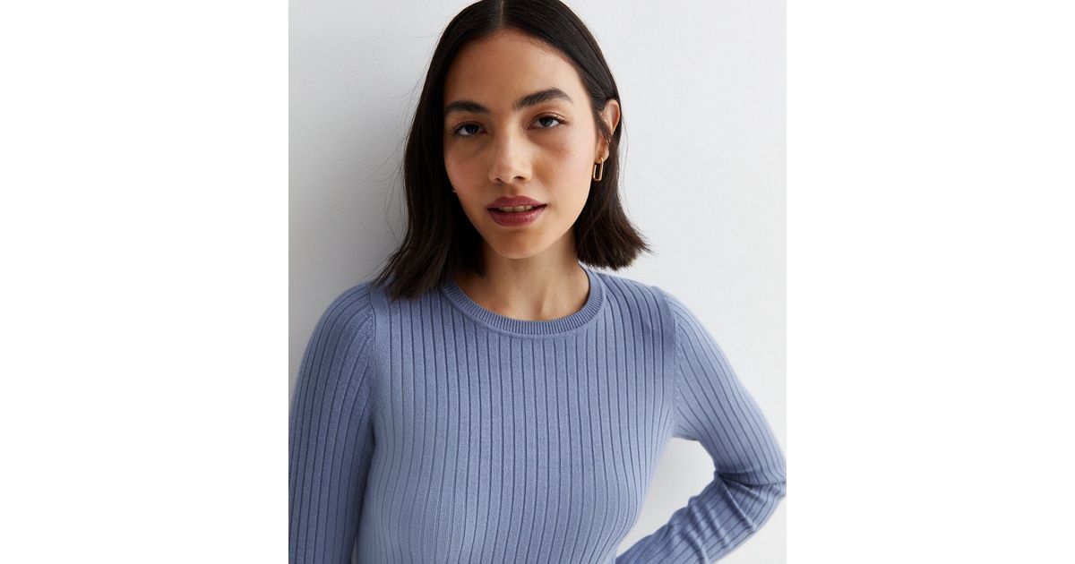 Blue Ribbed Knit Long Sleeve Top | New Look