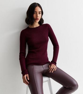 Burgundy Ribbed Knit Long Sleeve Top | New Look