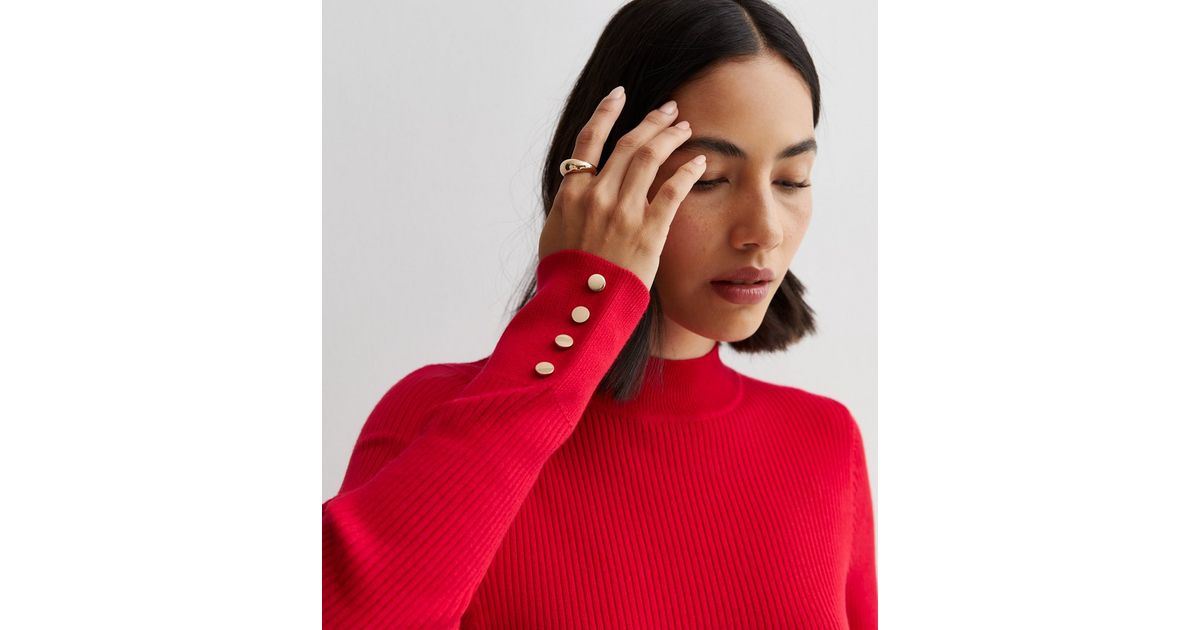 Dark Red Ribbed Knit Button Cuff Jumper | New Look