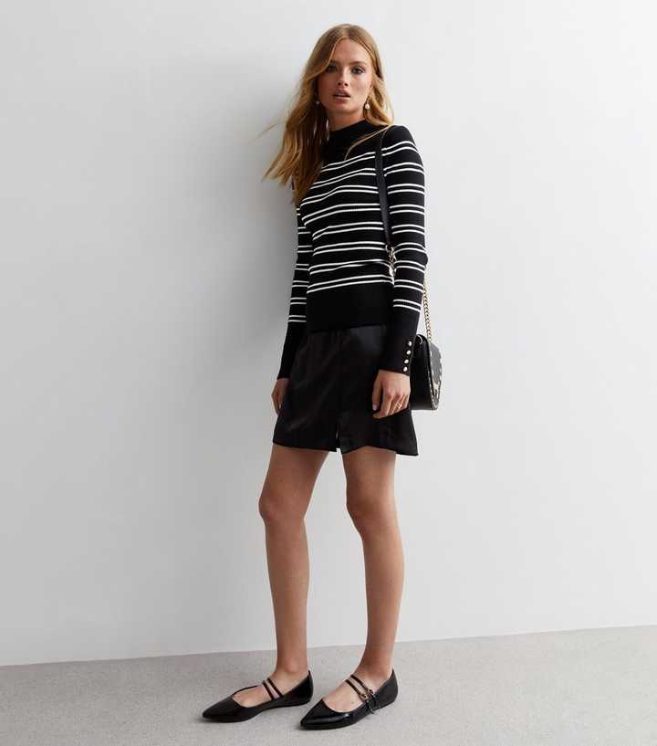 Black Stripe Ribbed Button Cuff Jumper | New Look
