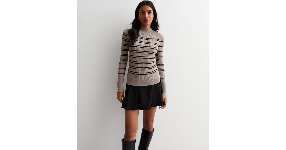 Brown Stripe Ribbed Button Cuff Jumper | New Look