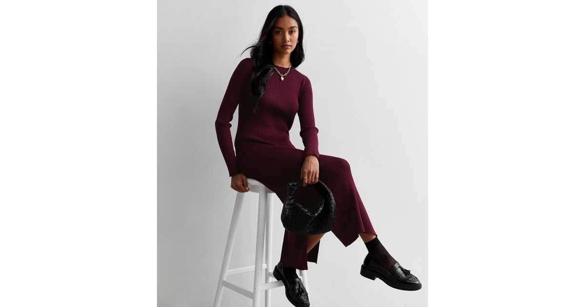 Burgundy Ribbed Knit Bodycon Midi Dress New Look