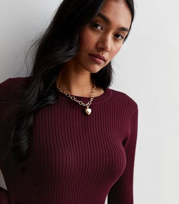 Burgundy Ribbed Knit Bodycon Midi Dress | New Look