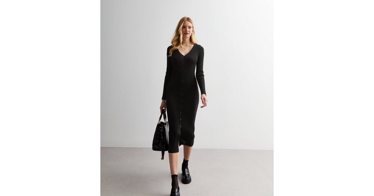Black Ribbed Knit Button Front Midi Dress | New Look