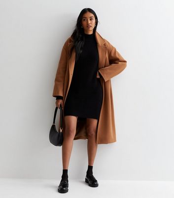 Black Ribbed Knit High Neck Mini Dress | New Look