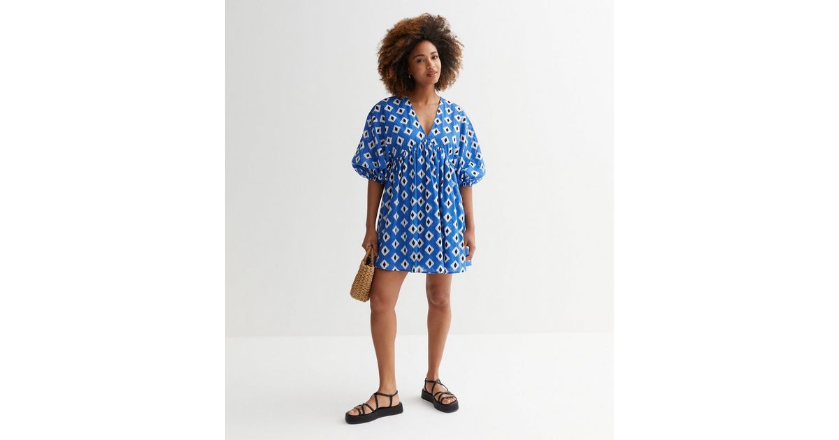 Blue Abstract Puff Sleeve Mini Smock Dress New Look