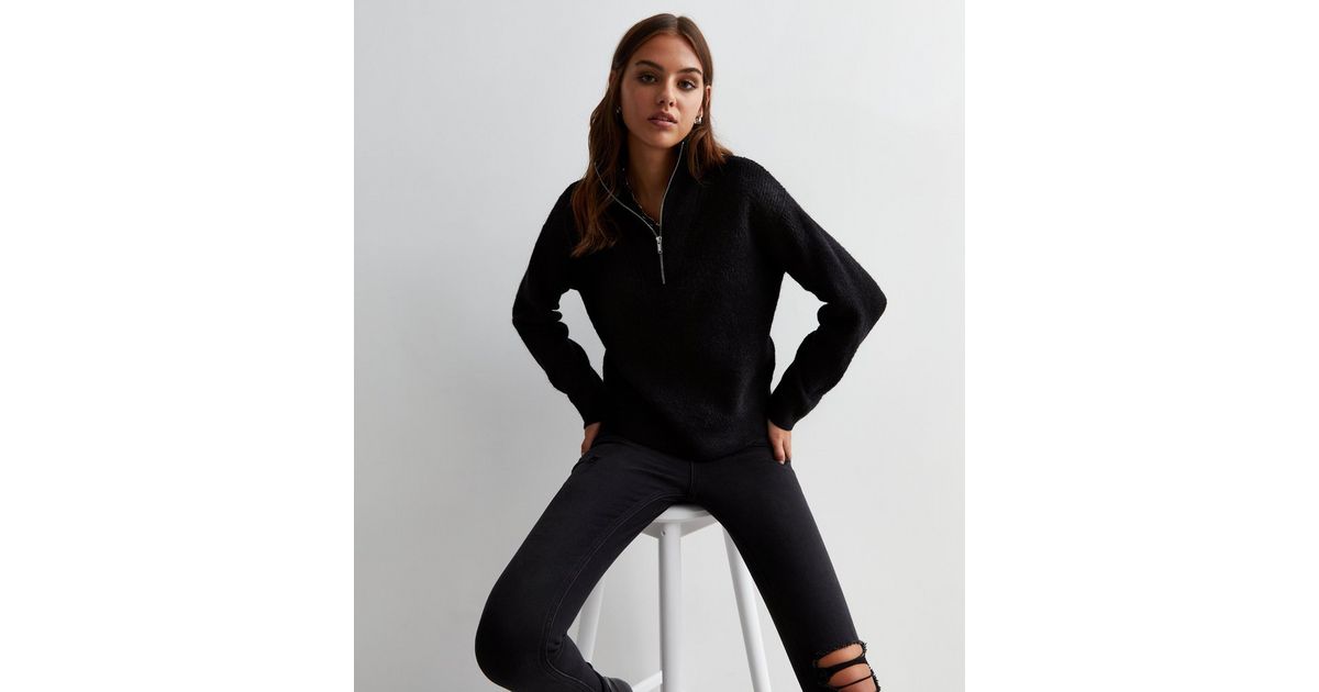 Black Knit Zip Neck Jumper | New Look