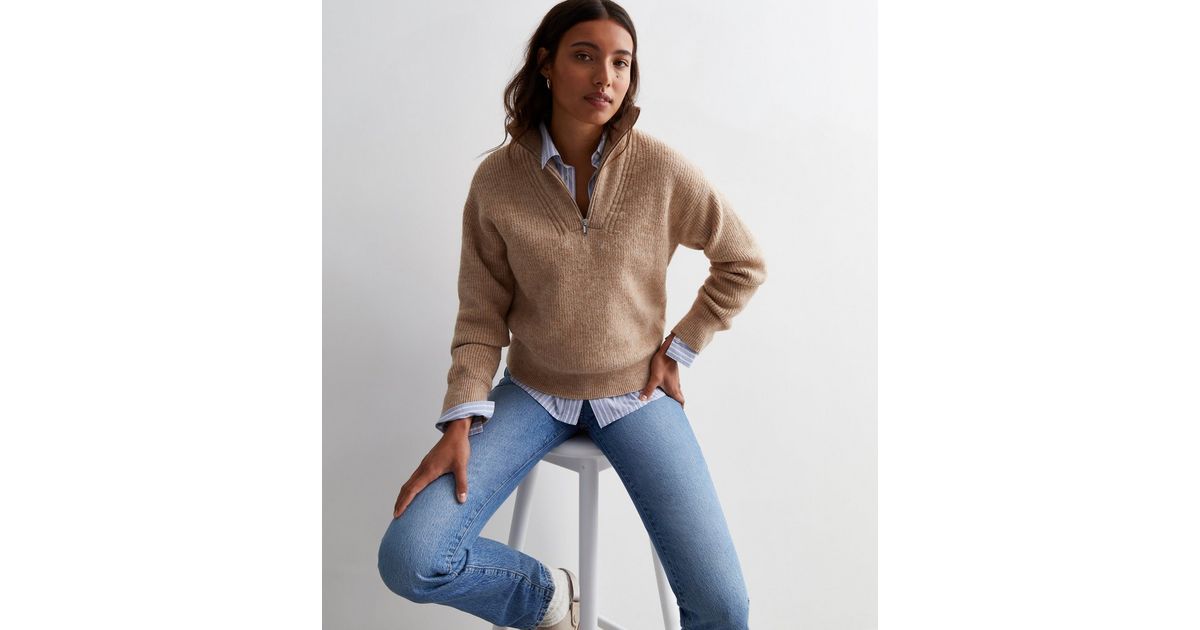 Camel Knit Zip Neck Jumper | New Look