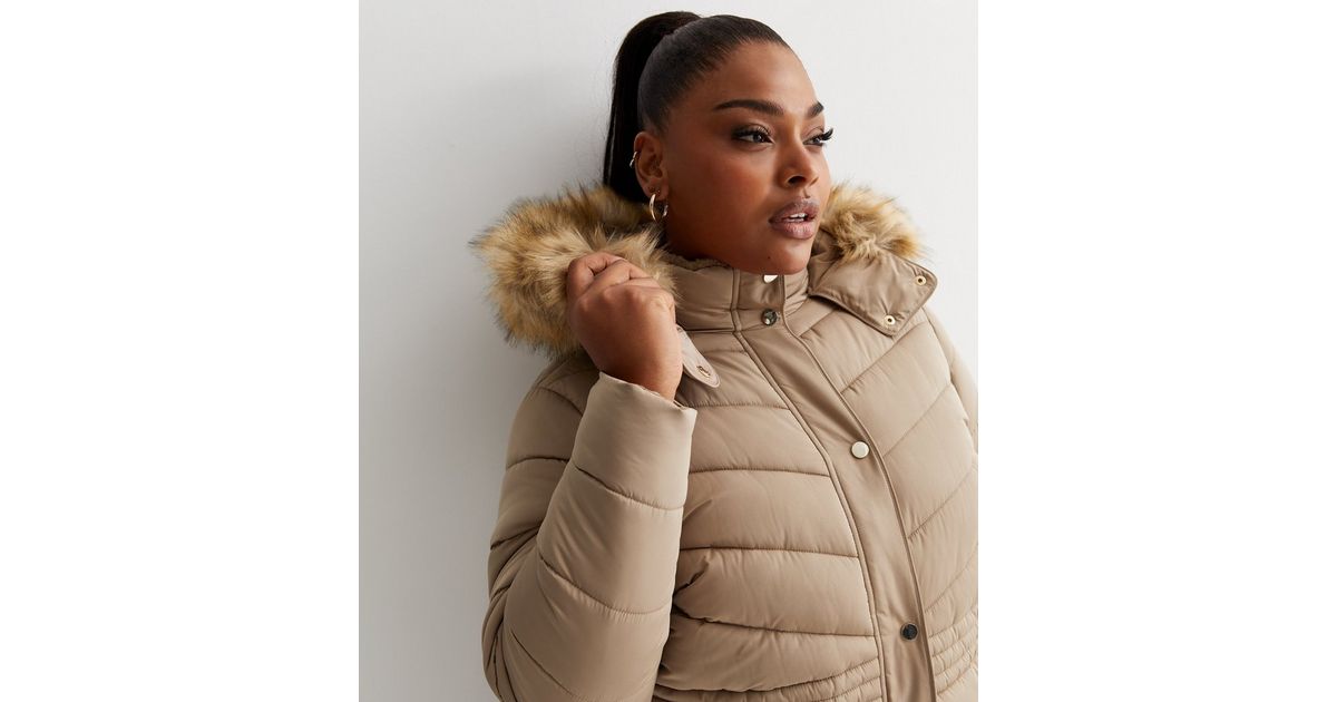 Curves Camel Faux Fur Hooded Puffer Jacket | New Look