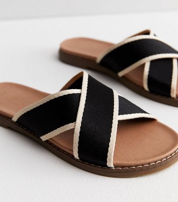 Black Cross Strap Footbed Mule Sliders | New Look
