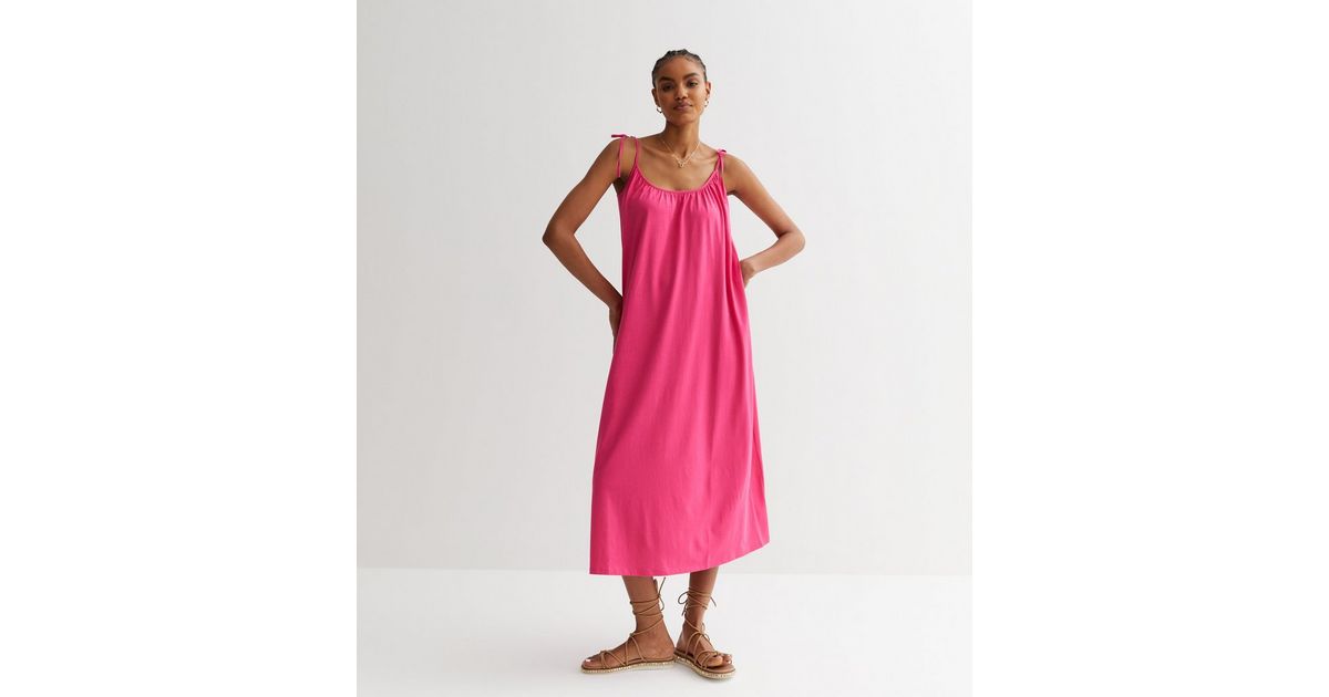 Bright Pink Strappy Midi Smock Dress | New Look