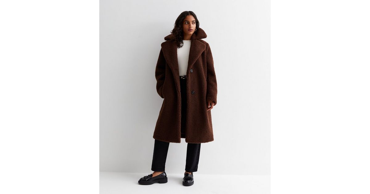 Petite Dark Brown Teddy Long Coat | New Look