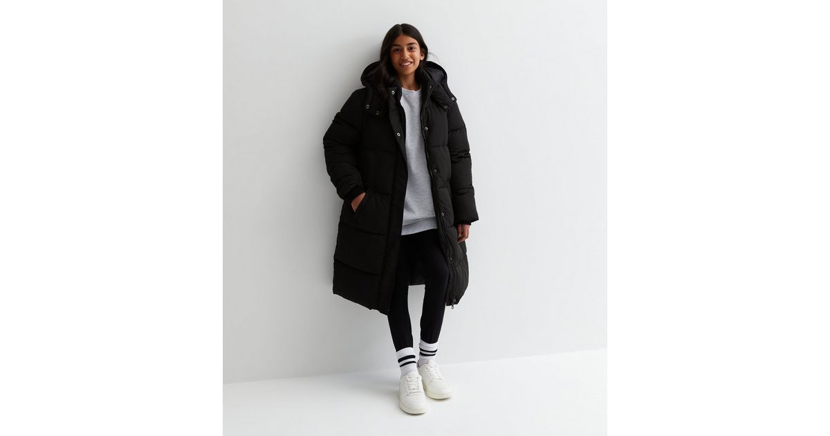 Girls Black Hooded Long Puffer Coat | New Look