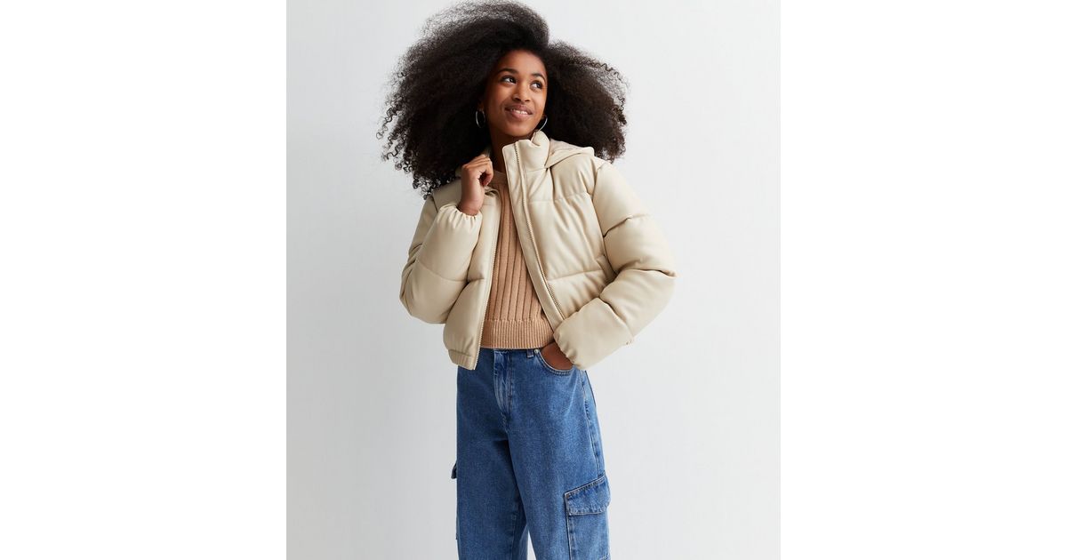 Girls Cream Leather-Look Puffer Jacket | New Look