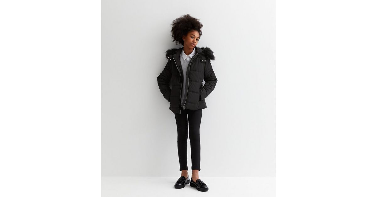 Girls Black Faux Fur Trim Hooded Puffer Jacket | New Look