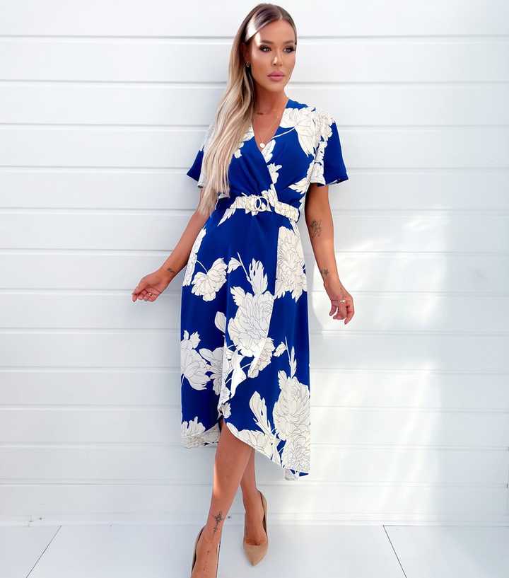AX Paris Blue Floral Belted Midi Wrap Dress | New Look