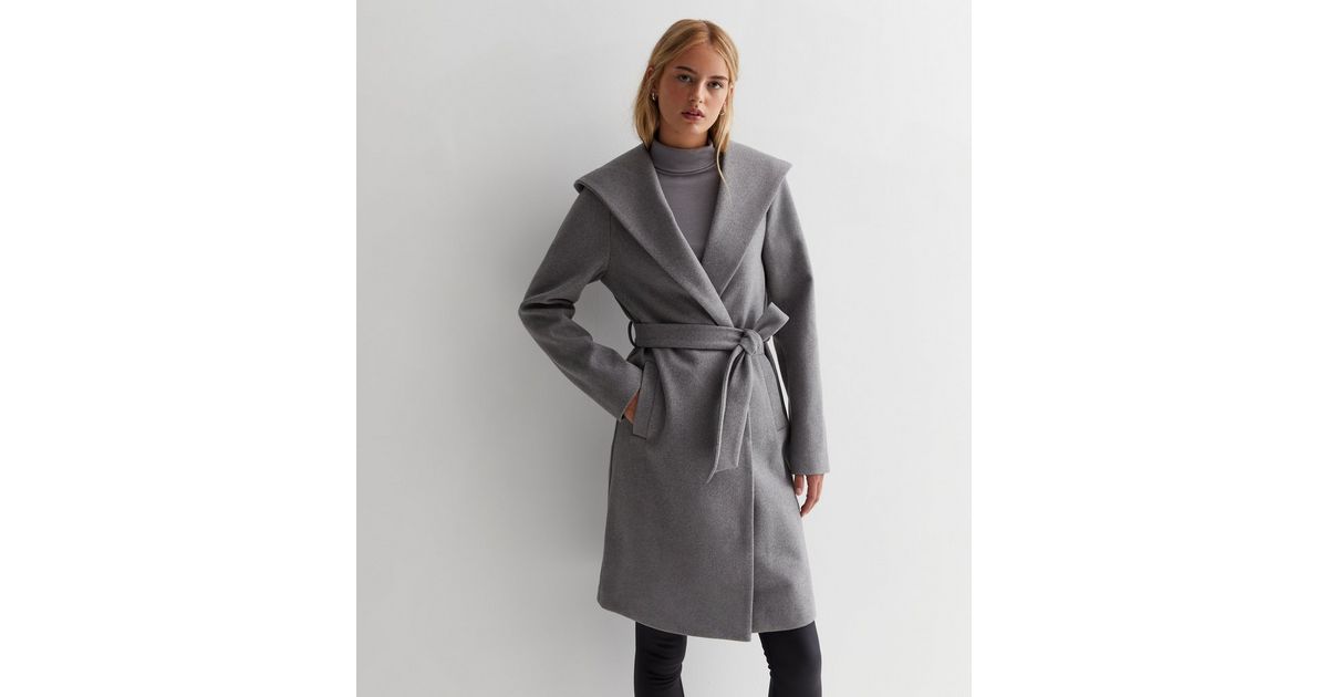 Tall Grey Unlined Hooded Belted Coat | New Look