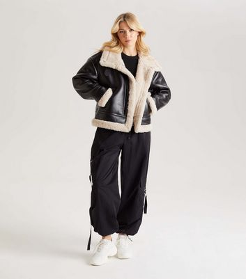 Urban Bliss Black Leather-Look Teddy Trim Aviator Jacket | New Look