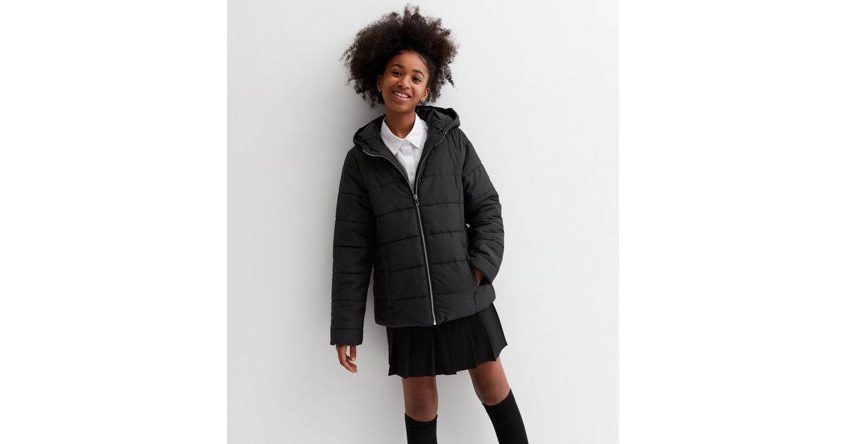 Girls Black Hooded Lightweight Puffer Jacket | New Look