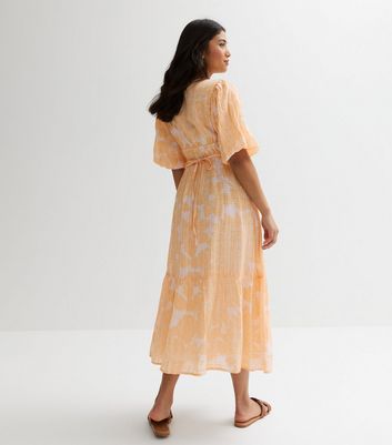Petite Orange Floral Puff Sleeve Midi Dress | New Look