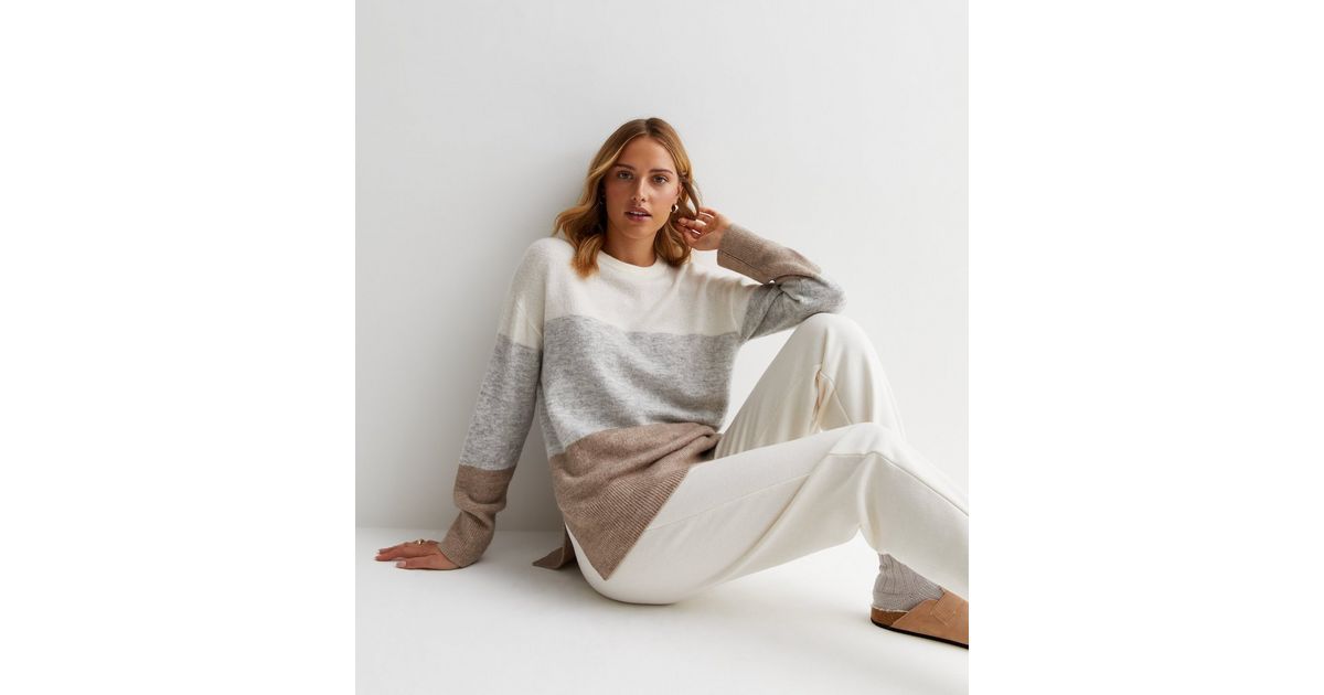 Off White Fine Knit Colour Block Crew Neck Jumper | New Look