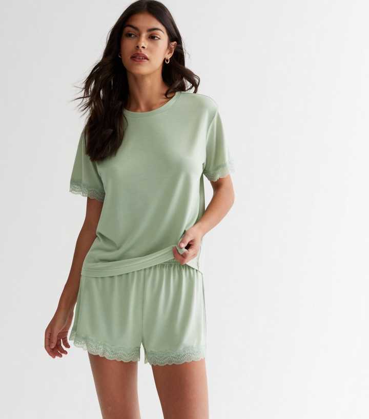 Green Short Pyjama Set with Lace Trim | New Look