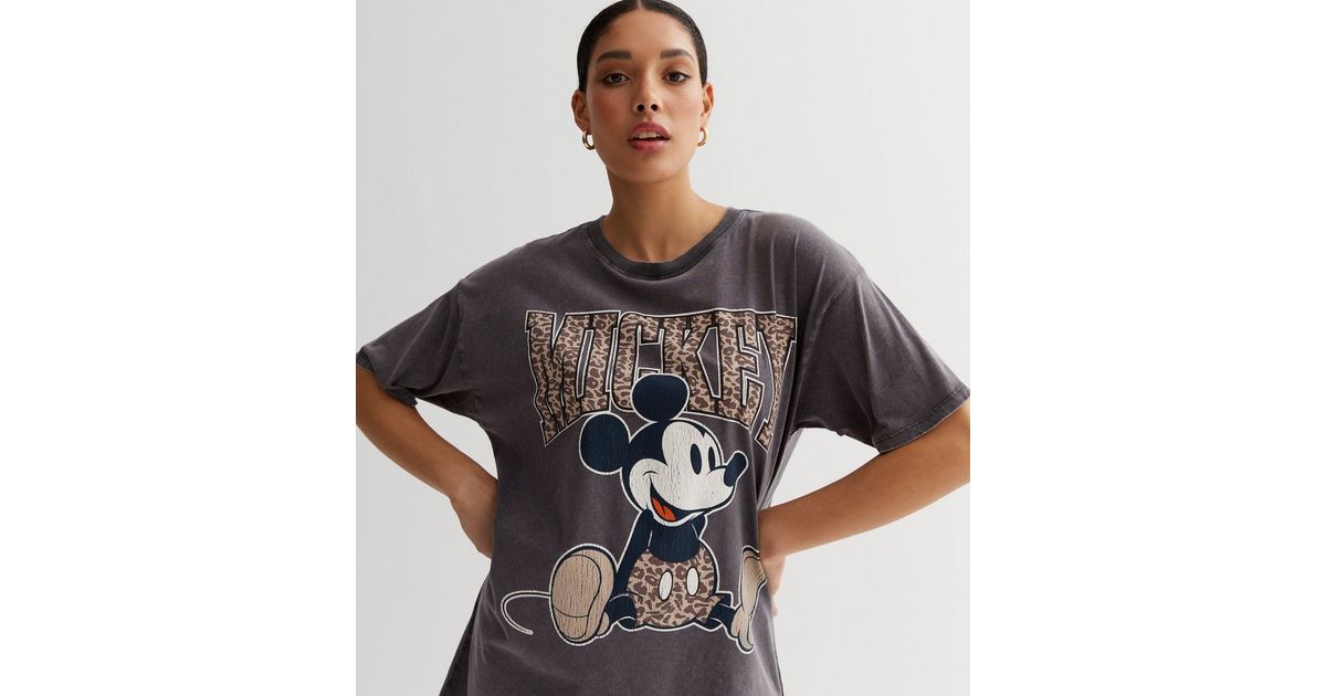 Dark Grey Acid Wash Mickey Mouse Logo Oversized T-Shirt | New Look