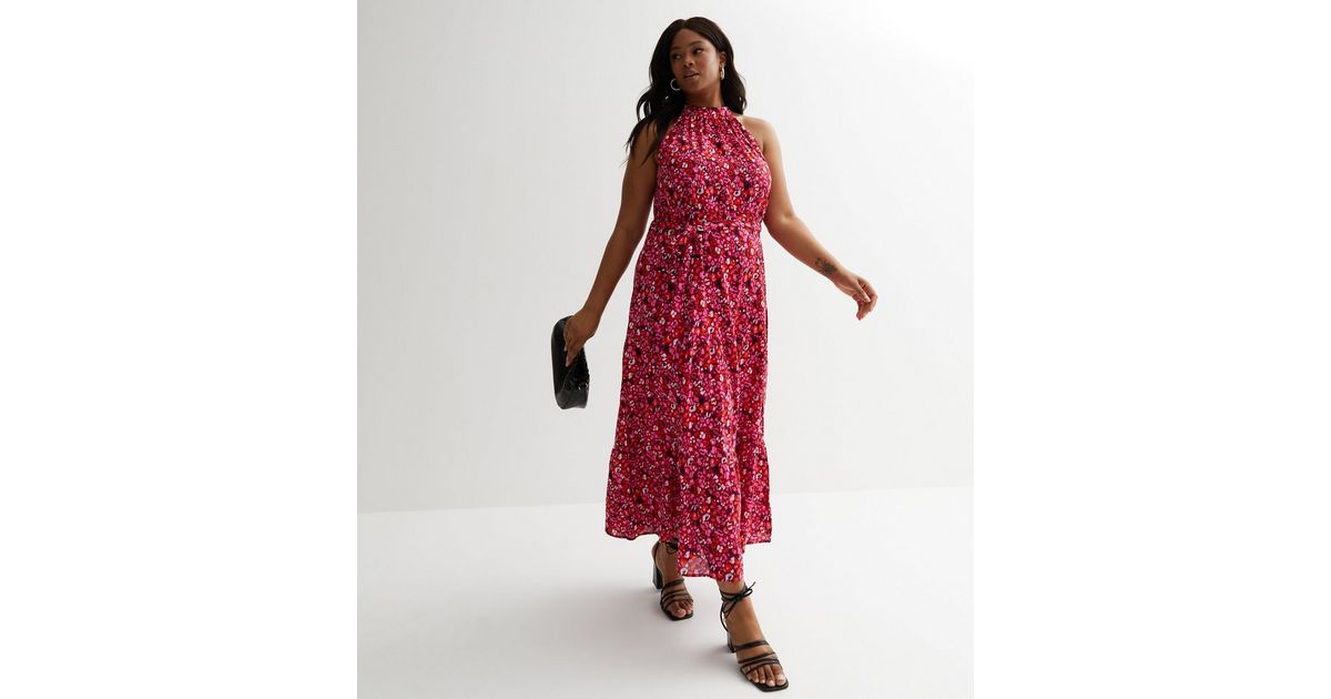 Blue Vanilla Curves Red Animal Print Belted Halter Midi Dress | New Look