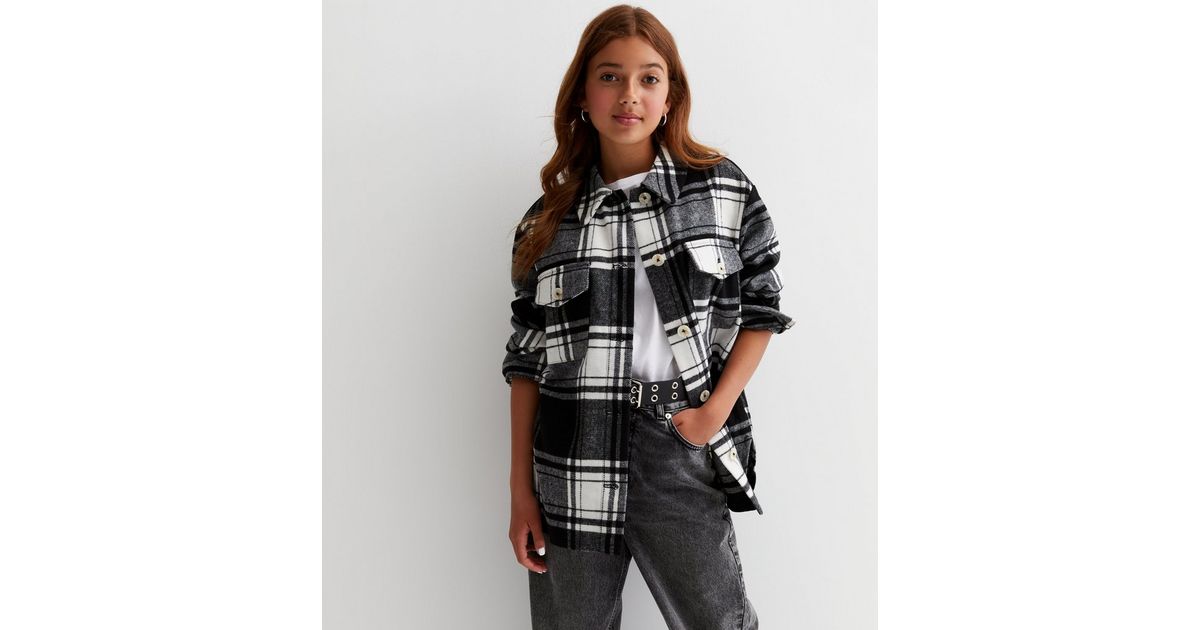 Girls Black Check Double Pocket Shacket | New Look