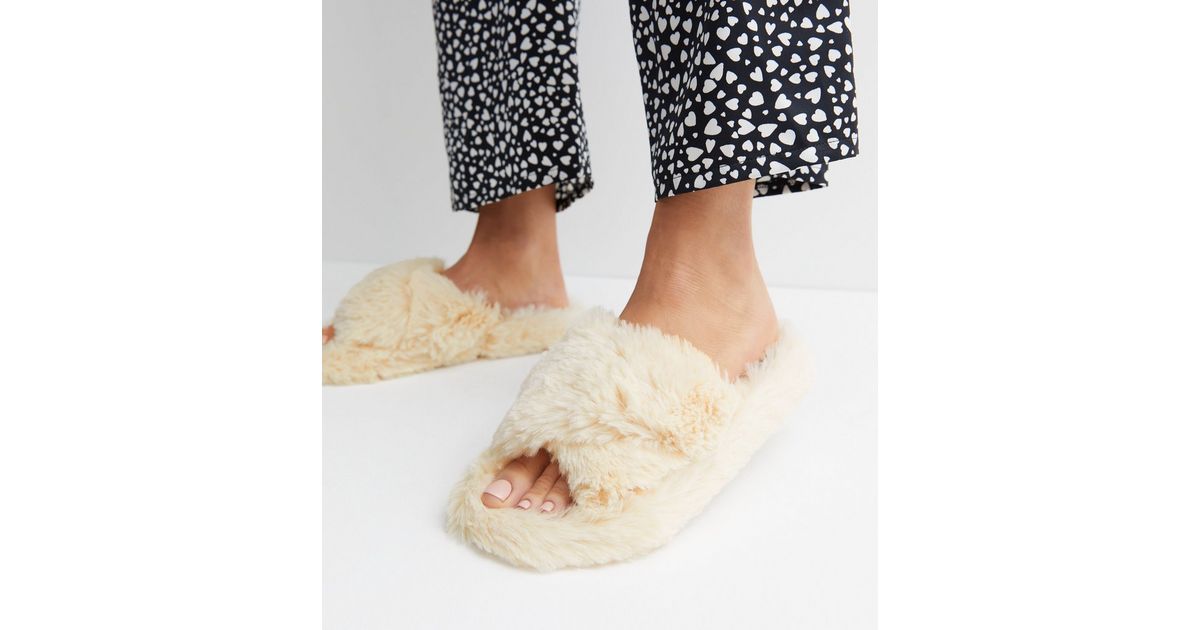 Loungeable Cream Faux Fur Cross Strap Chunky Slippers | New Look