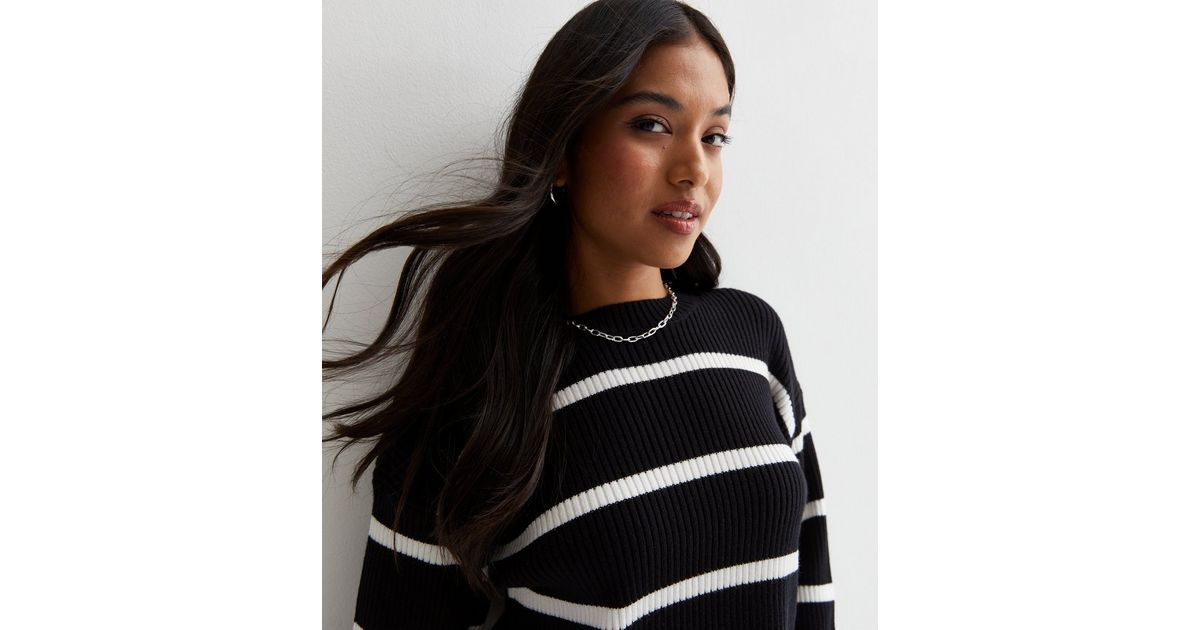 Petite Black Ribbed Knit Stripe Crew Neck Jumper | New Look