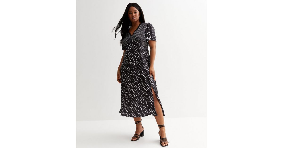 Curves Black Spotty Lace Trim Midi Dress | New Look