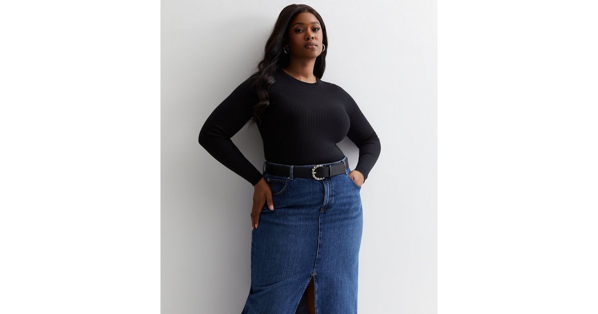 Curves Black Ribbed Knit Crew Neck Jumper | New Look