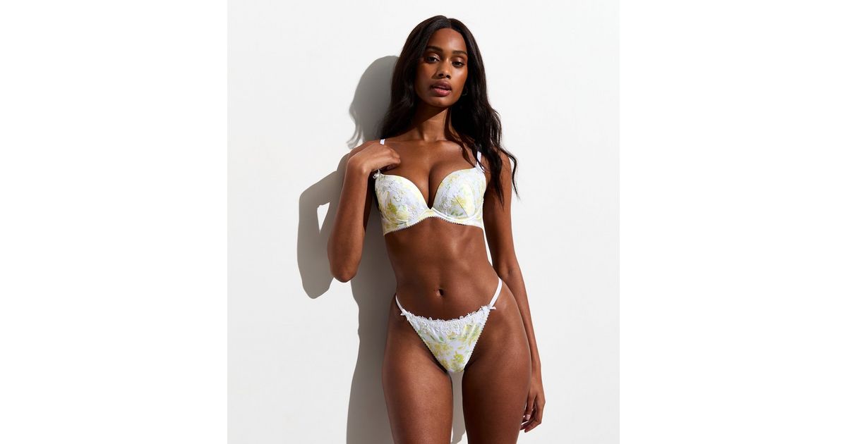 Yellow Floral Print Satin Lace Trim Push Up Bra New Look
