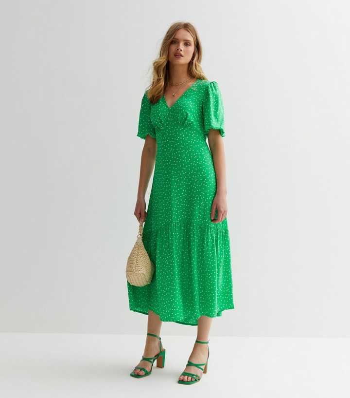 Green Spot Puff Sleeve Midi Dress | New Look