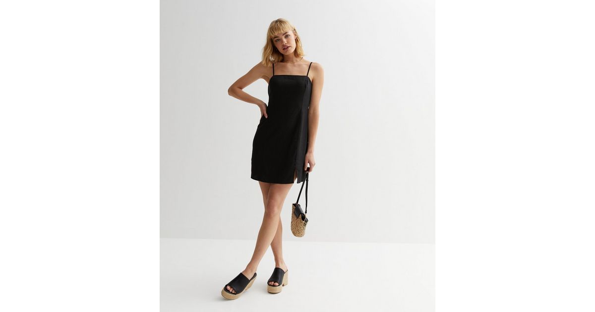Black Linen Blend Strappy Mini Dress | New Look
