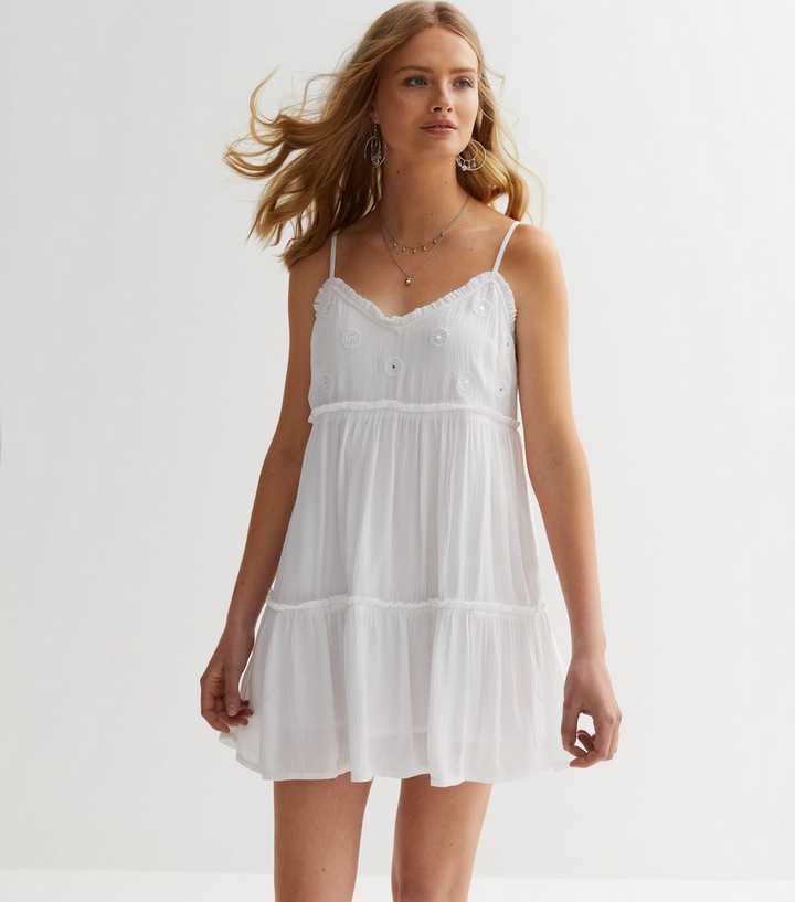 White Embroidered Strappy Mini Smock Dress | New Look