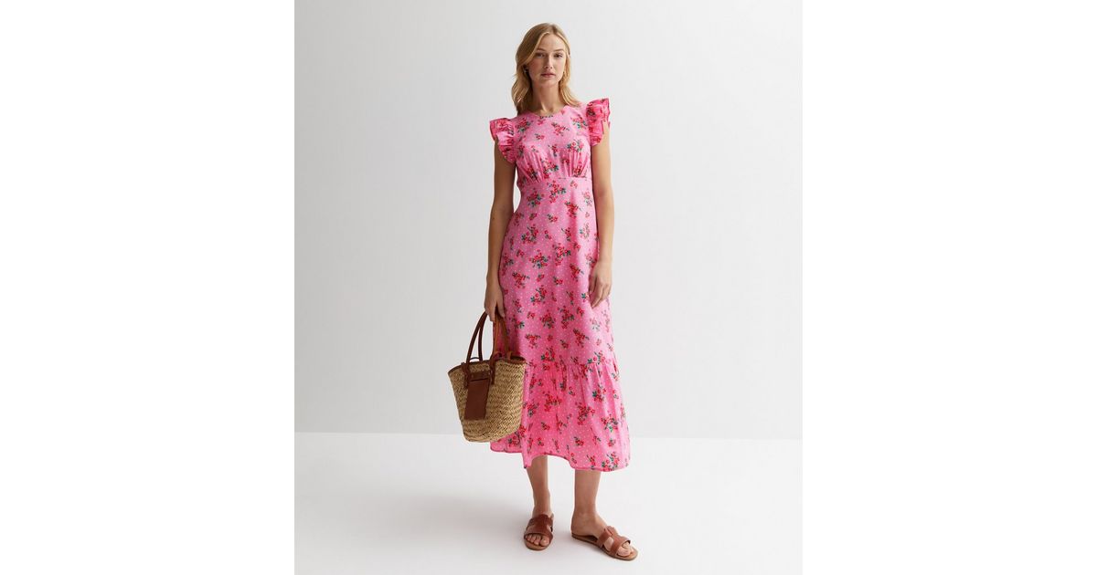 Pink Floral Spot High Neck Tiered Hem Midi Dress | New Look