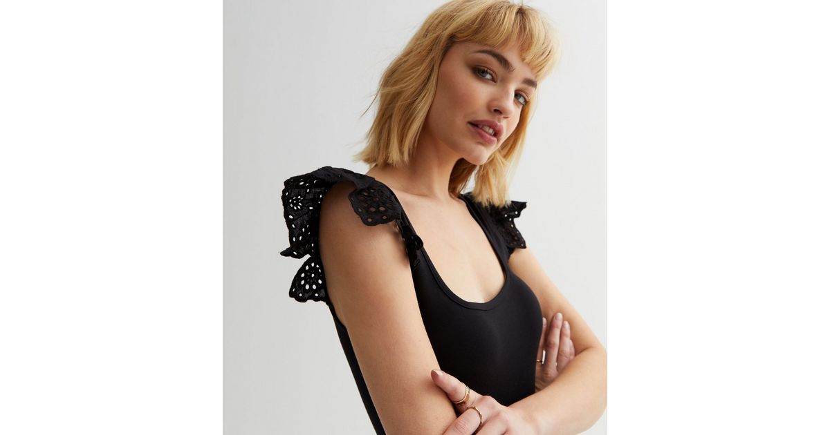 Black Broderie Trim Frill Sleeve Bodysuit | New Look