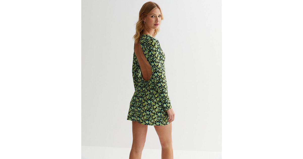 Influence Green Ditsy Floral Jersey Open Back Mini Dress | New Look