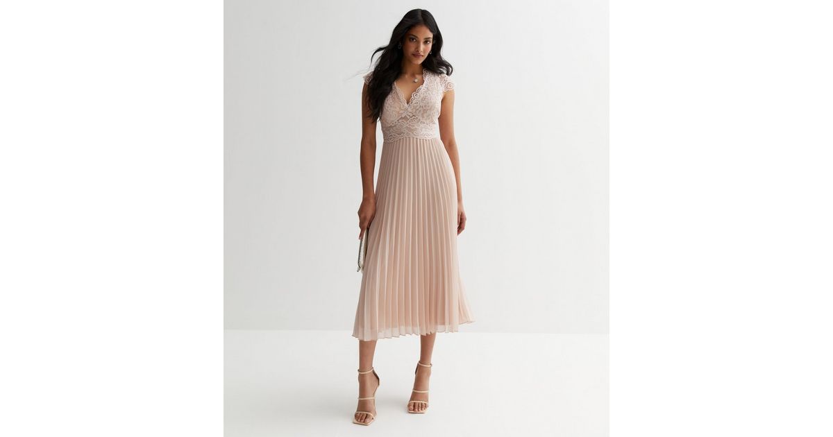 Pale Pink Lace Pleated Midi Dress | New Look