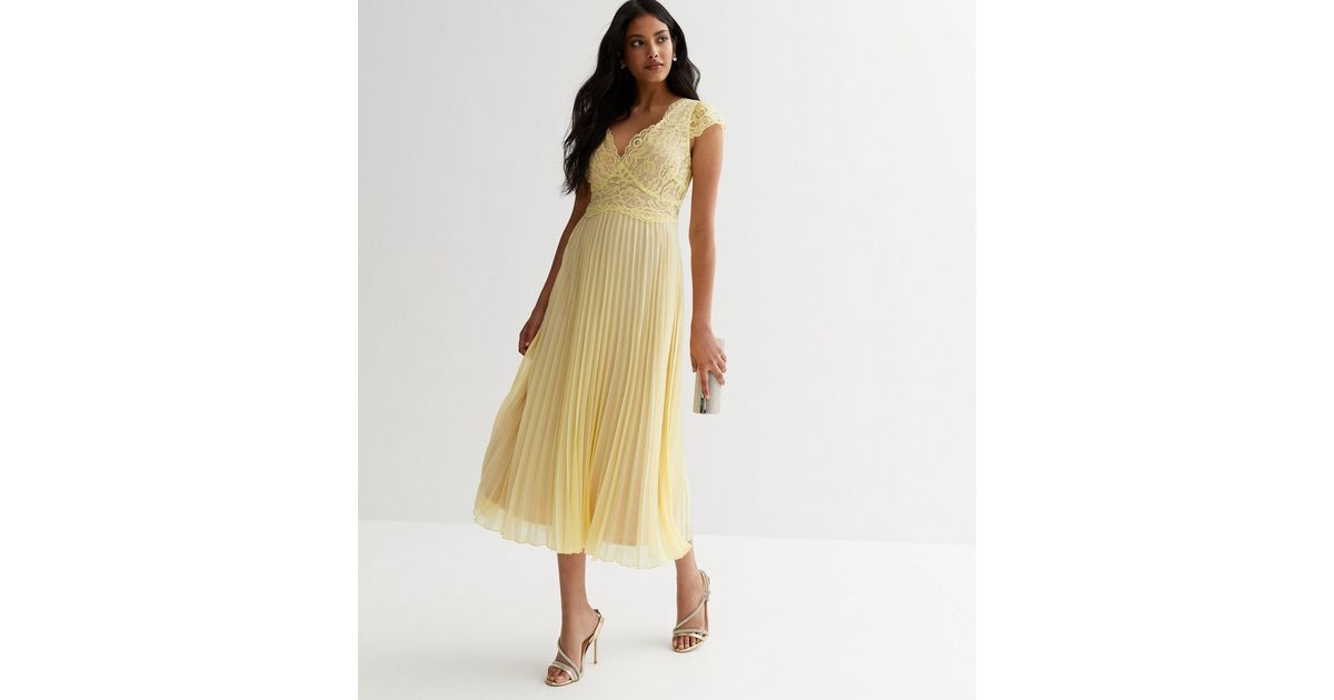 Pale Yellow Lace Pleated Midi Dress | New Look