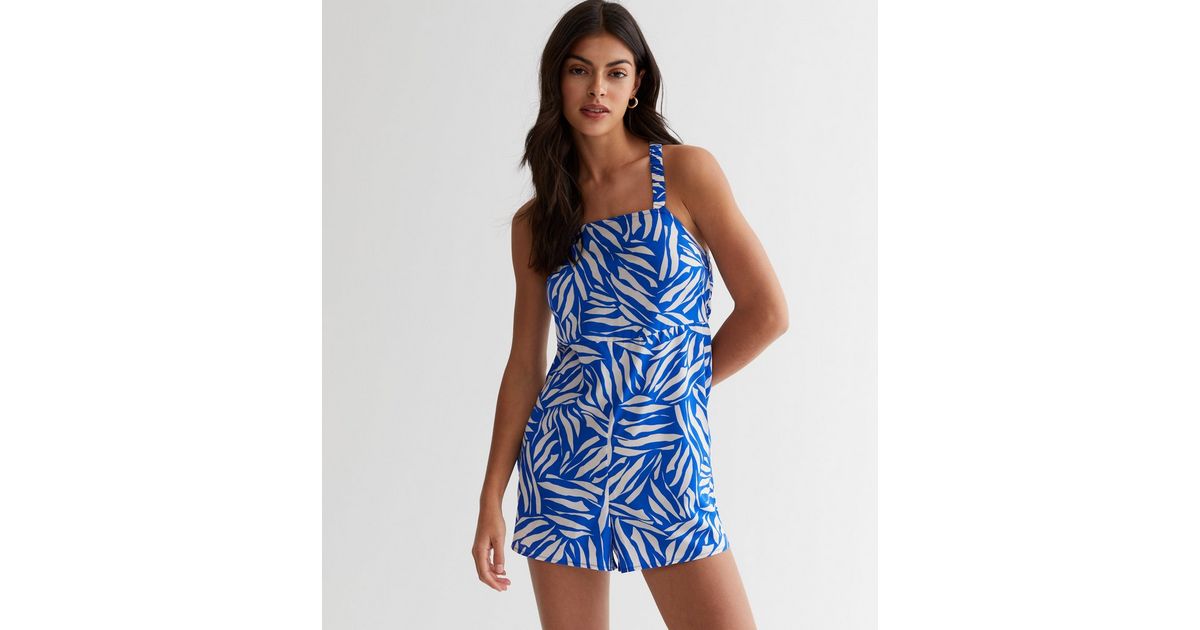 Blue Leaf Print Square Neck Playsuit | New Look