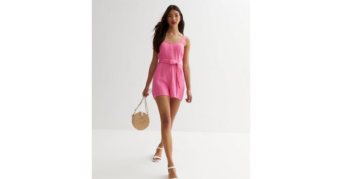 Mid Pink Textured Belted Playsuit | New Look